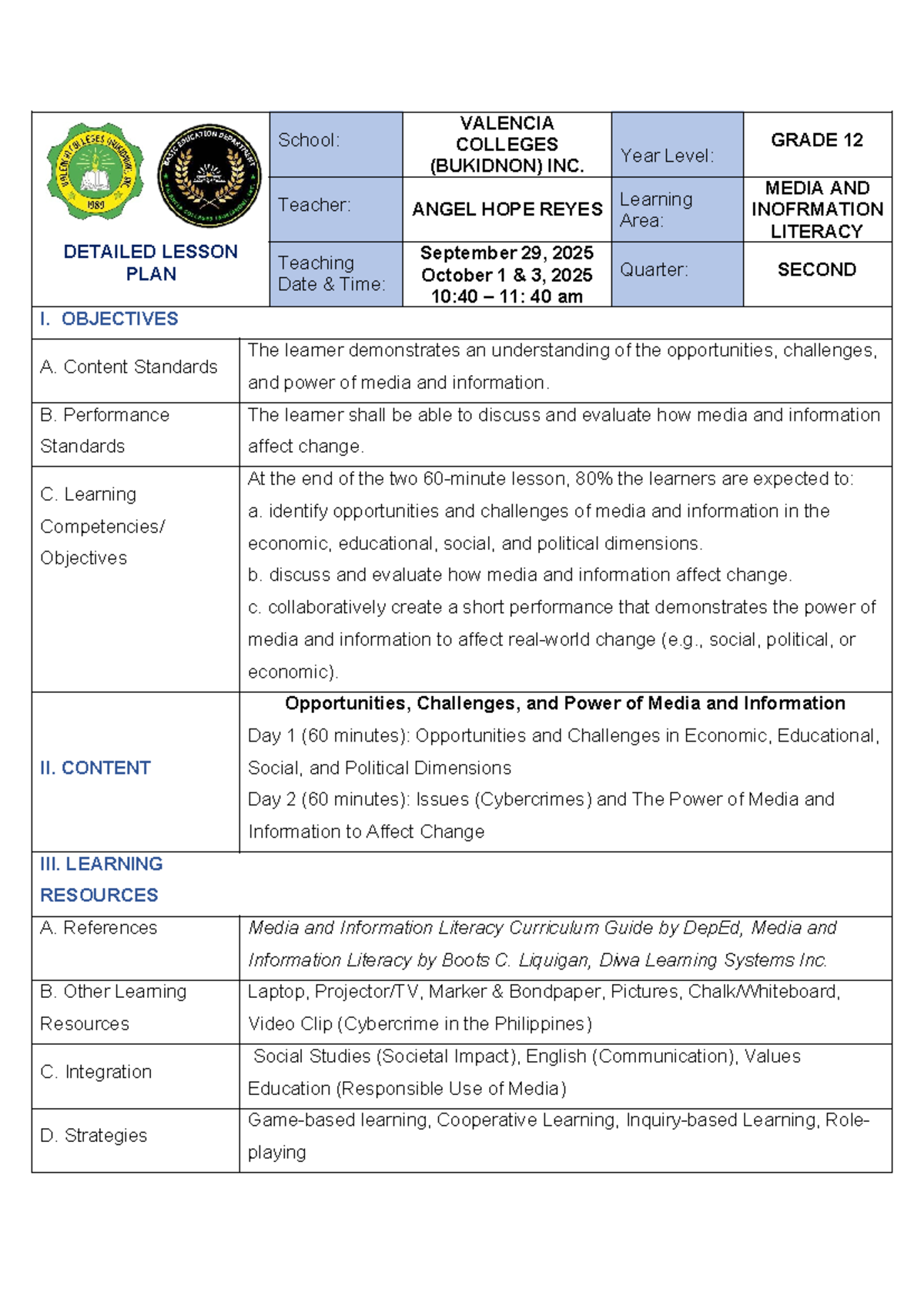 MIL Detailed Lesson Plan: Opportunities & Challenges in Media - Studocu