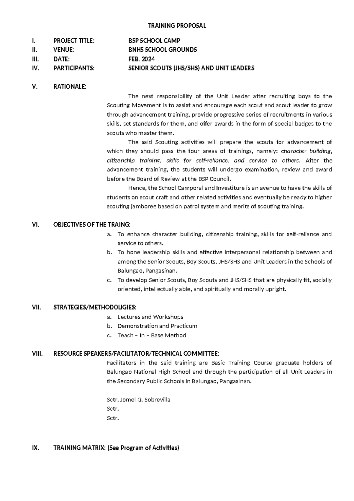 Training Proposal for Senior Scouts: BSP School Camp 2024 - Studocu