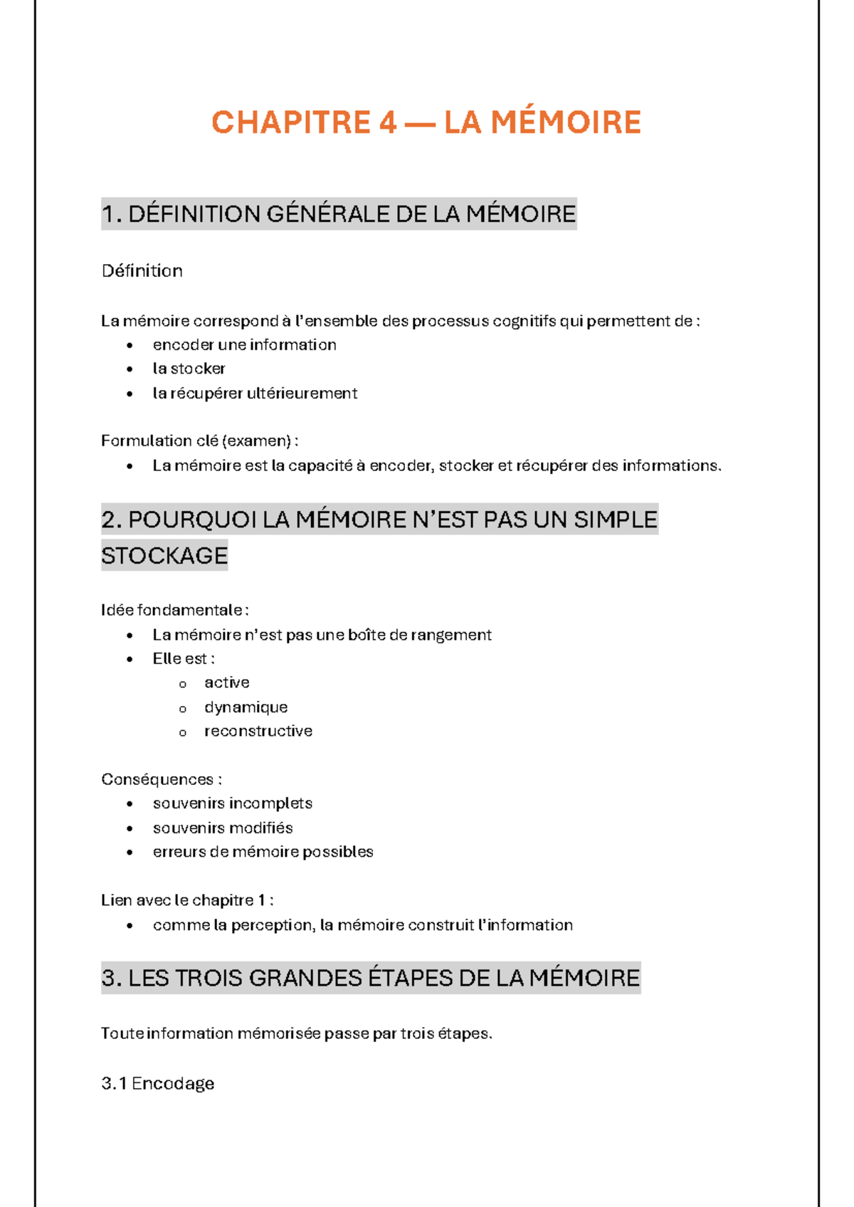CHAPITRE 4 - LA MÉMOIRE EN PSYCHOLOGIE COGNITIVE - Studocu