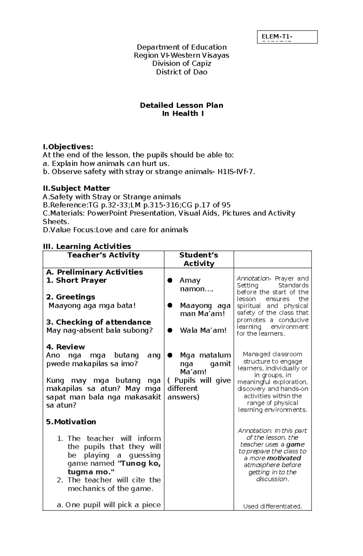 Detailed Lesson Plan in Health I: Safety with Stray Animals - Studocu
