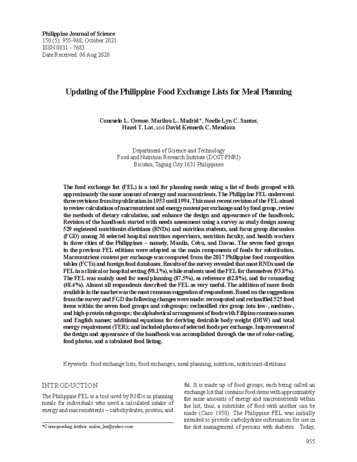 Philippine Food Exchange Lists Update for Meal Planning (FEL-2021 ...