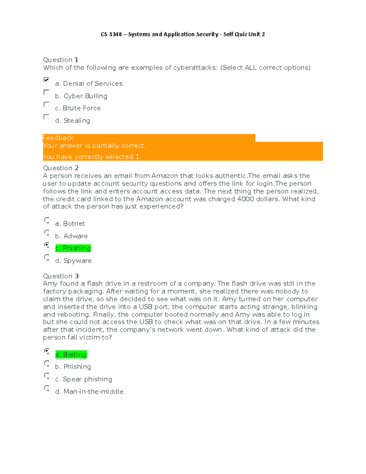 CS 3340 - Systems and Application Security - Unit 2 Self Quiz - Studocu