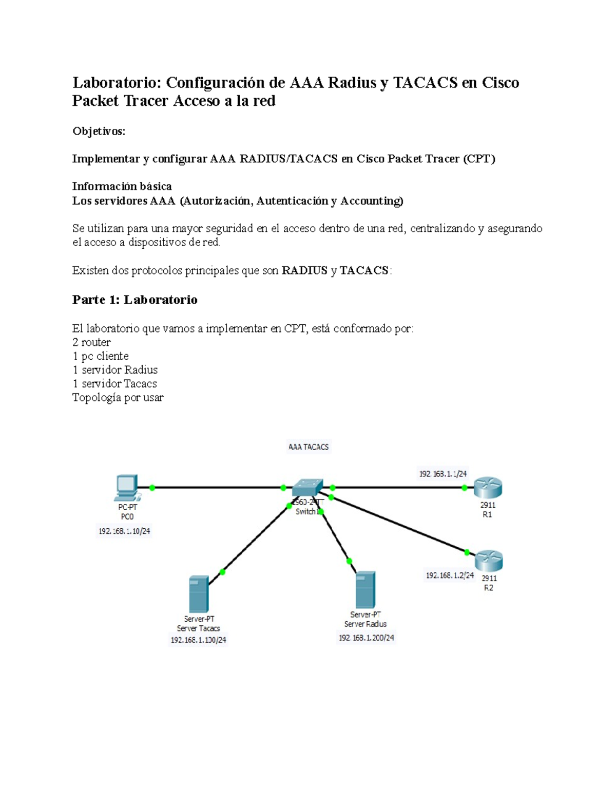 Laboratorio - Configuración AAA RADIUS y TACACS en Cisco CPT - Studocu