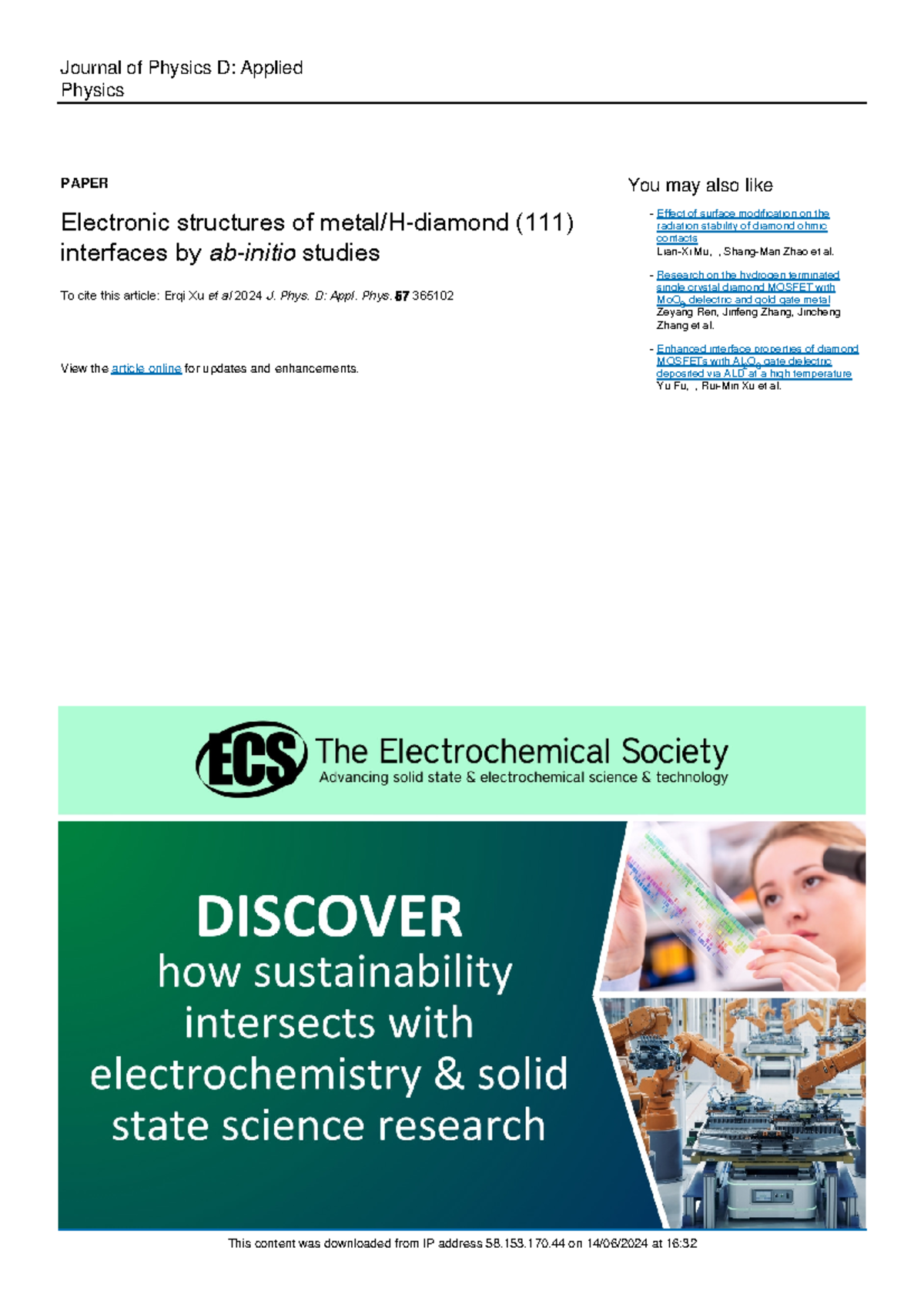 Title: 2024 Final Exam on Electronic Structures of Metal/H-Diamond (111) Interfaces - Studocu