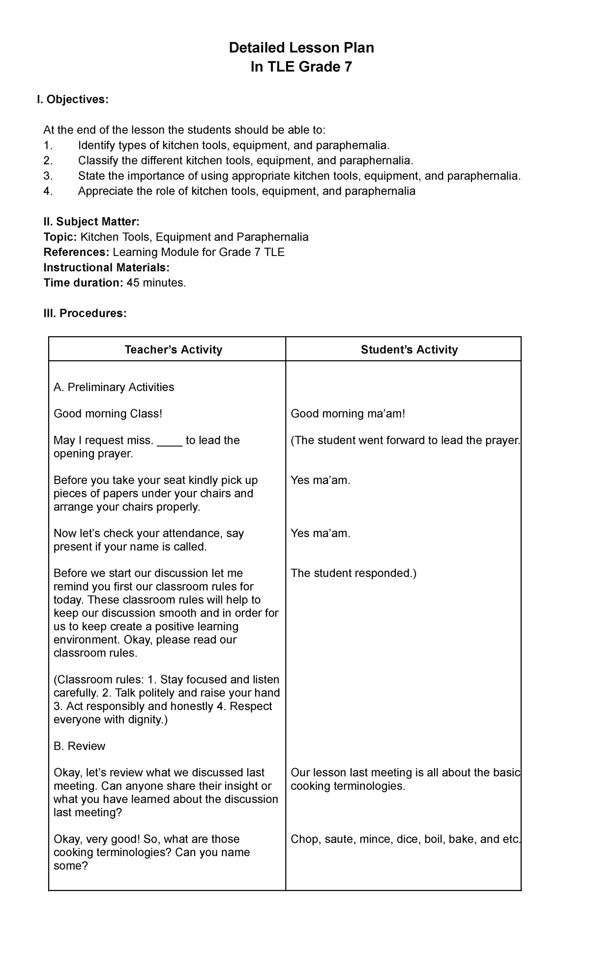 TLE Grade 7 Detailed Lesson Plan: Kitchen Tools & Equipment - Studocu