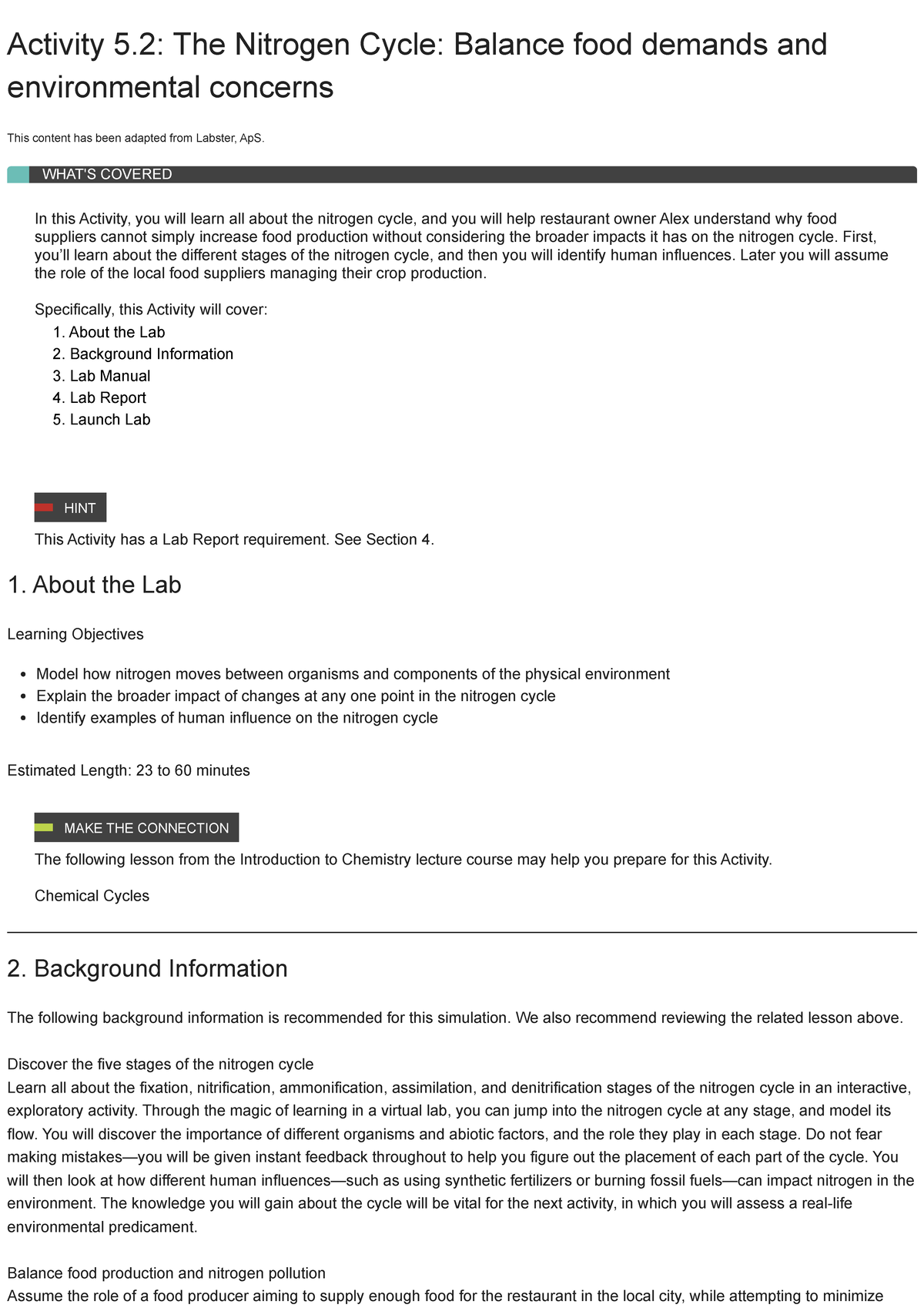Introduction to Chemistry Lab - Activity 5.2 The Nitrogen Cycle Balance ...