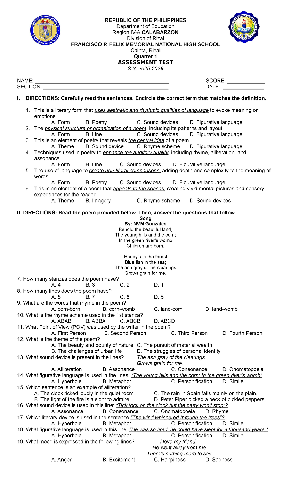 Quarter 1 Assessment Test: Poetry and Literary Devices - Studocu