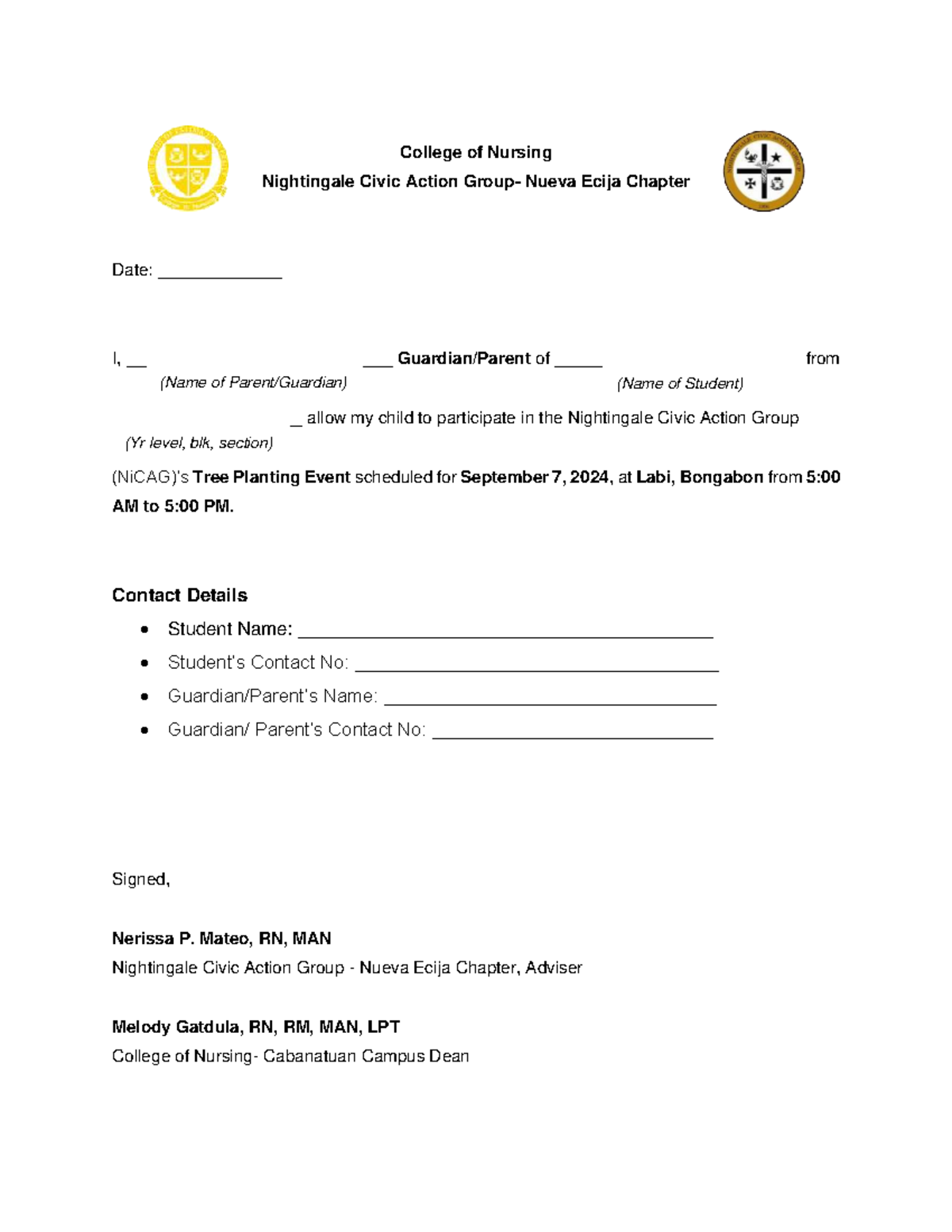 Waiver FOR TREE Planting - College of Nursing Nightingale Civic Action ...