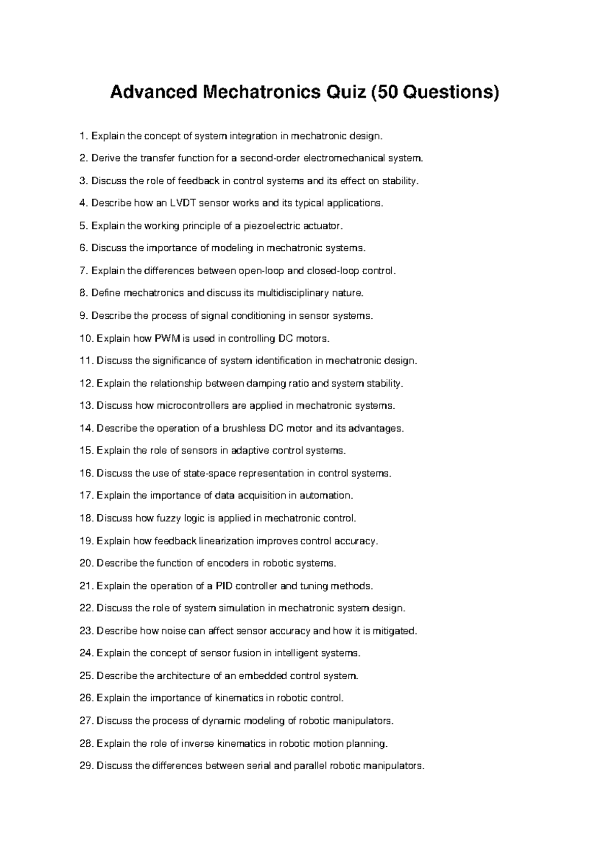 Advanced Mechatronics Quiz (MECH 401) - 50 Key Questions - Studocu