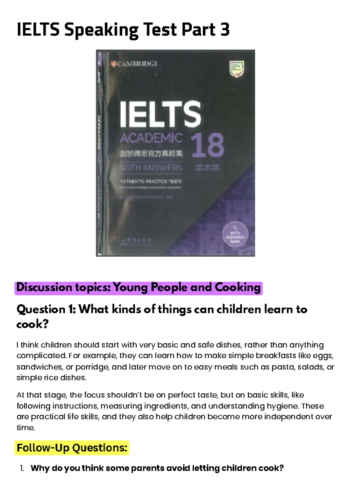 IELTS Speaking Test Part 3: Young People & Cooking Skills Discussion ...