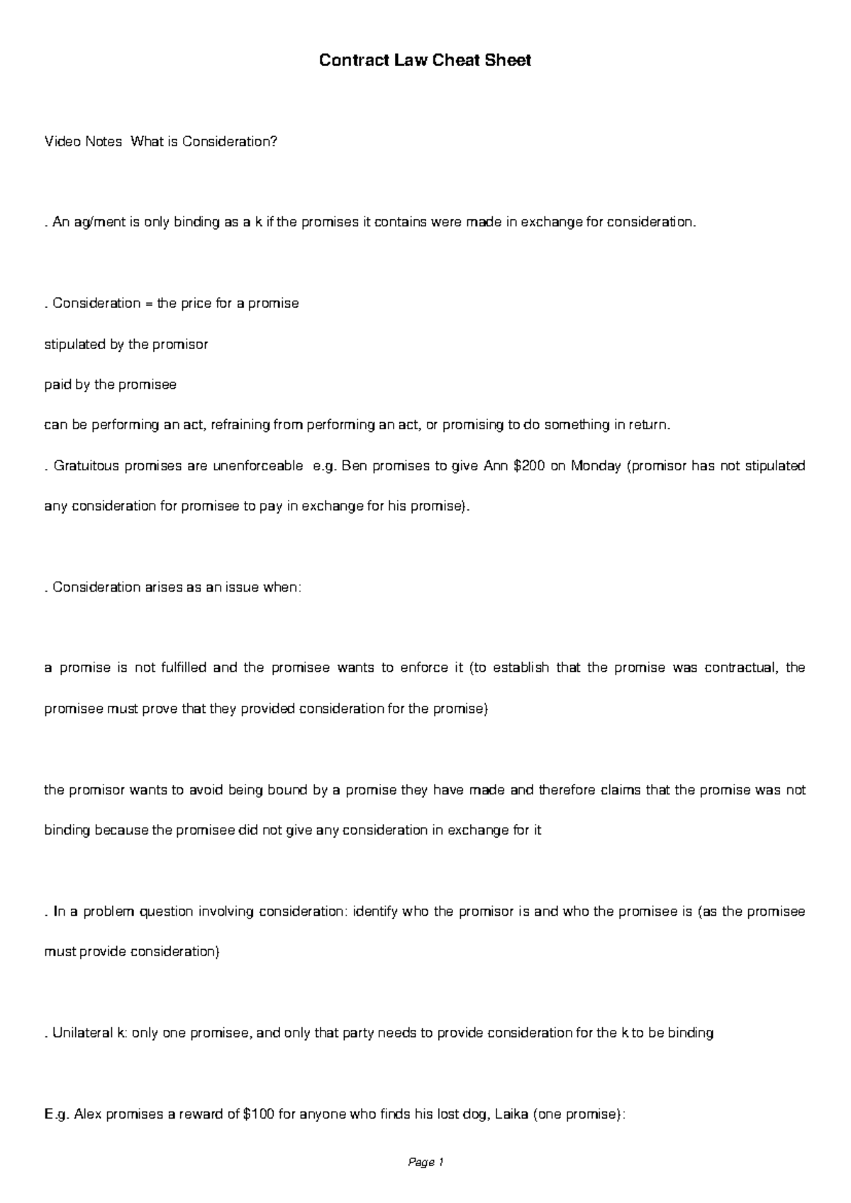 Contract Law Cheat Sheet: Understanding Consideration in Contracts ...