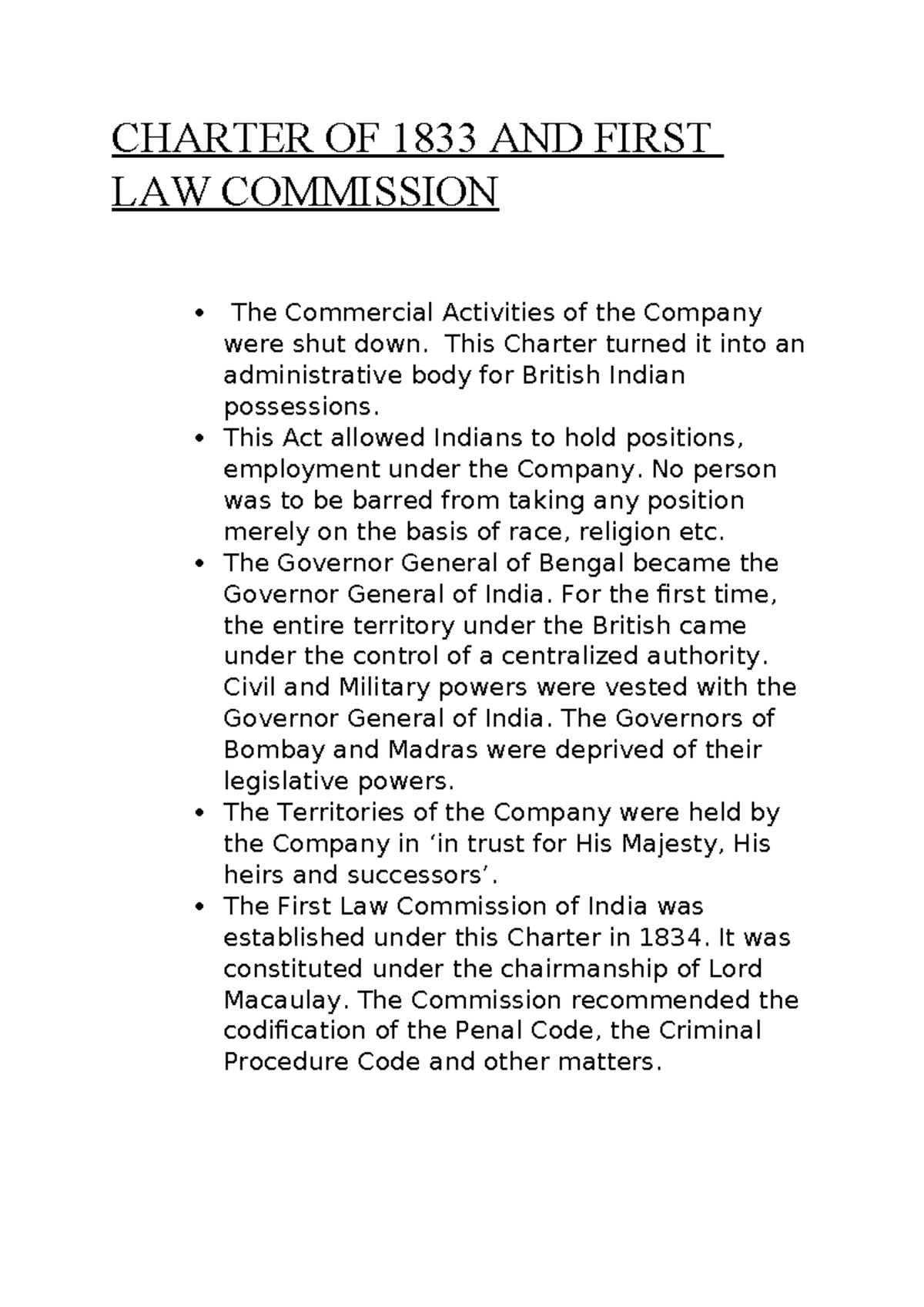 Charter of 1833 & First Law Commission Overview - Studocu