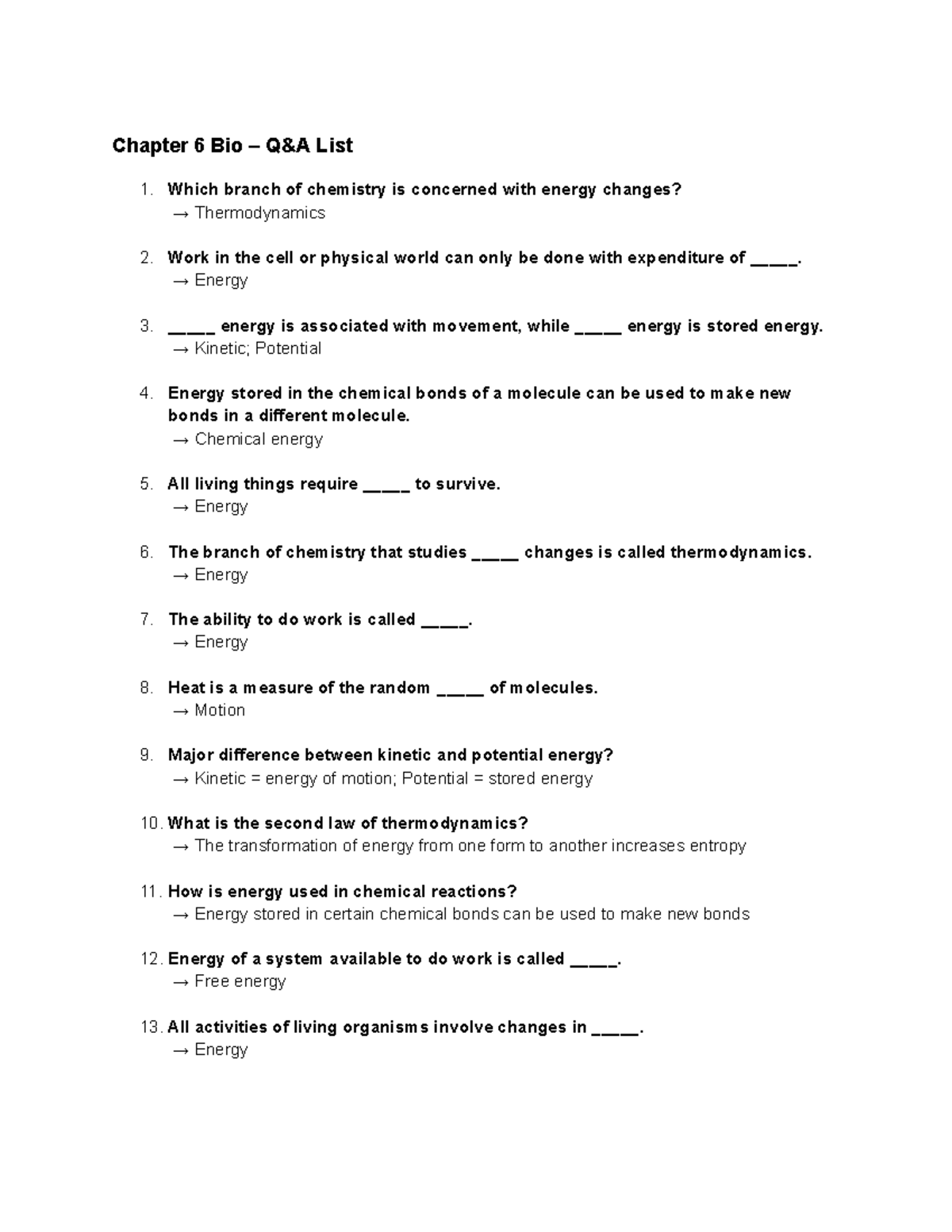 Chapter 6 Bio: Key Q&A on Energy & Thermodynamics Concepts - Studocu