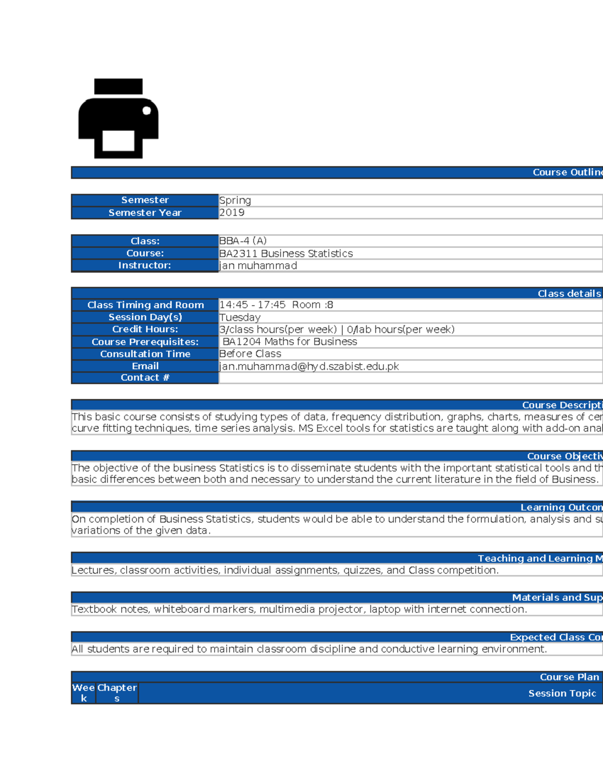 BA2311 Business Statistics Course Outline - Spring 2019 - Studocu