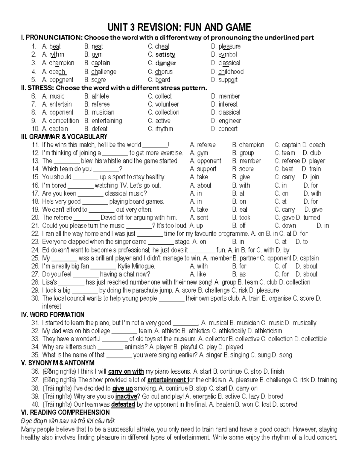 Revision Notes for UNIT 3: Fun and Games Activities - Studocu