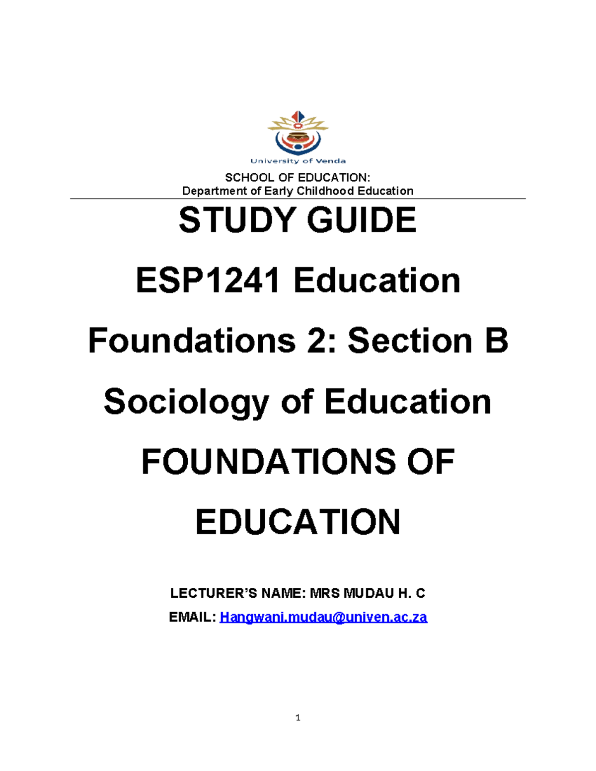 ESP1241 Module Guide: Education Foundations 2 - Sociology of Education ...