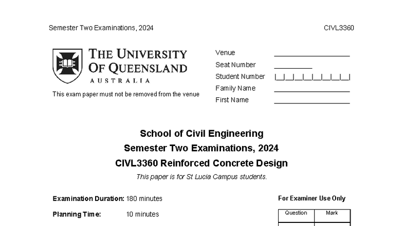 Sem 2 2024 CIVL3360 - Reinforced Concrete Design Final Exam - Studocu