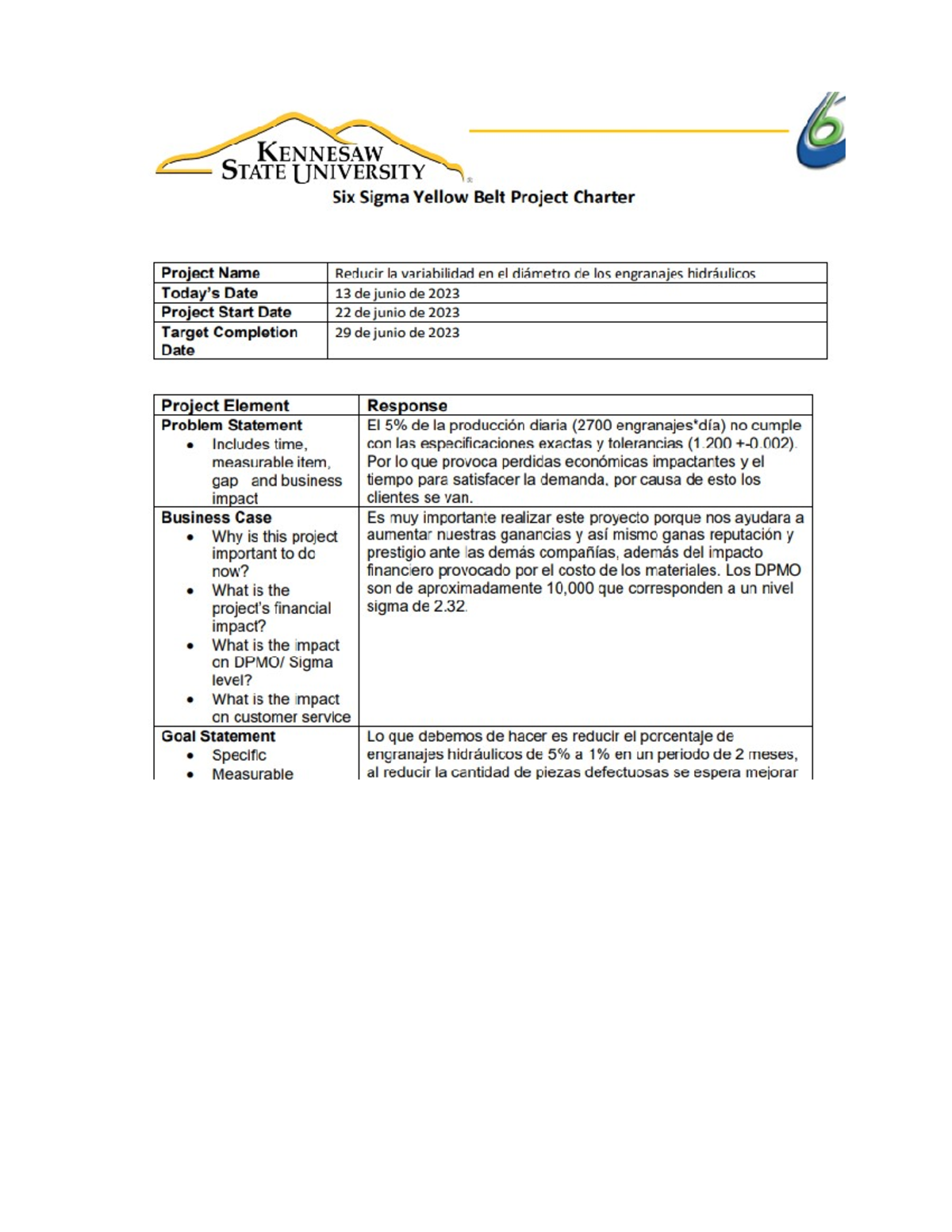 KENNESAW STATE UNIVERSITY Six Sigma Yellow Belt Project Charter ...