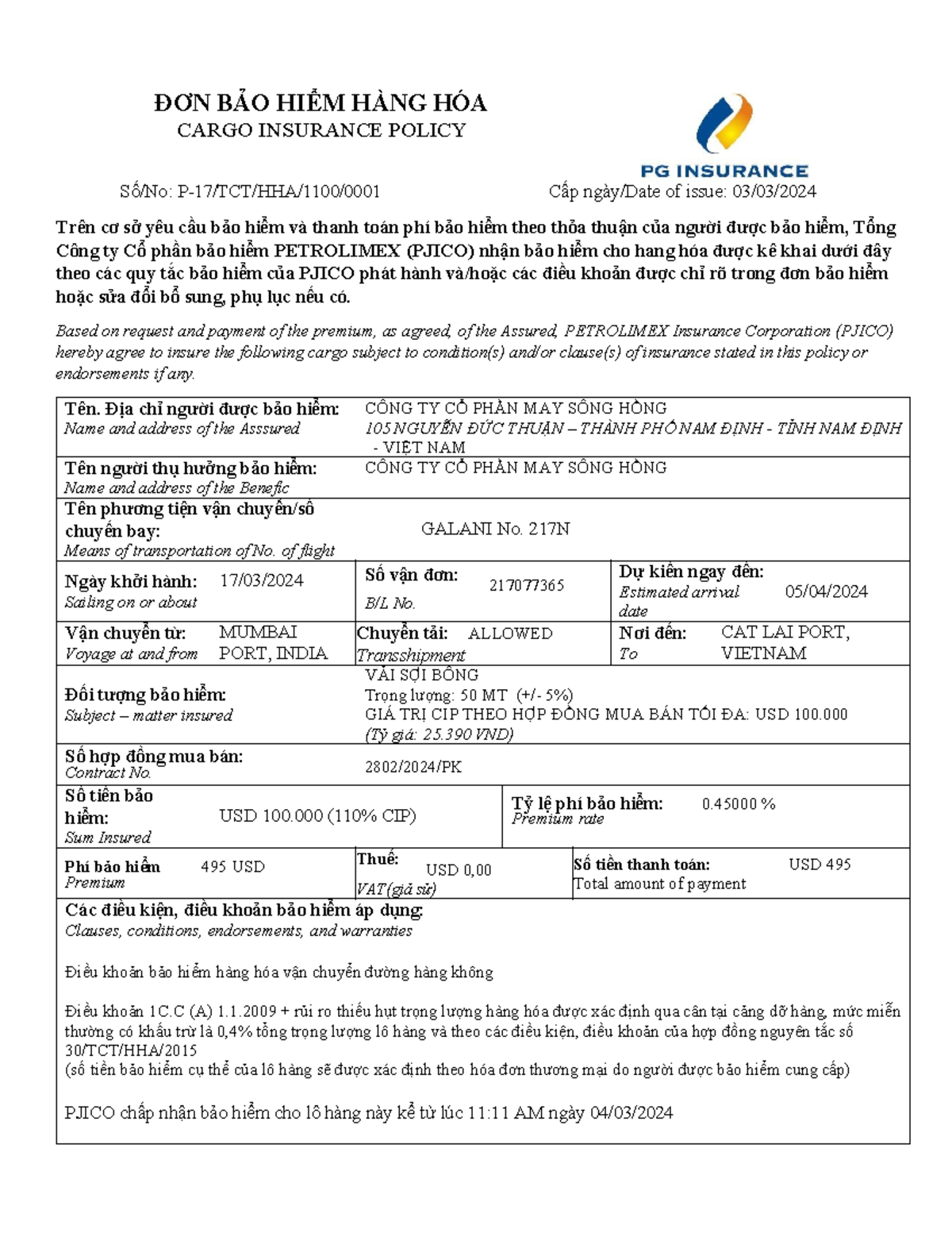 ĐƠN BẢO HIỂM HÀNG HÓA CARGO INSURANCE POLICY - PJICO - Studocu