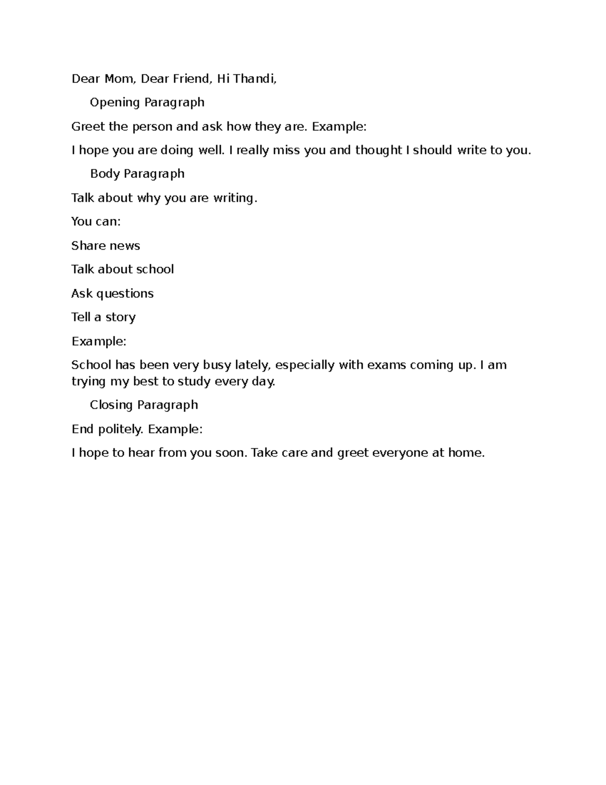 How to write friendly letter - Dear Mom, Dear Friend, Hi Thandi, 3️⃣ ...