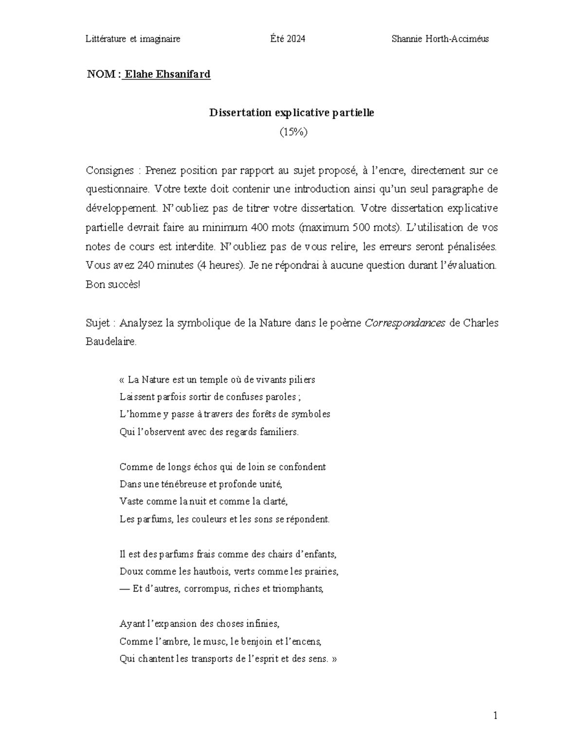 Dissertation explicative partielle sur la symbolique de la Nature dans - Studocu