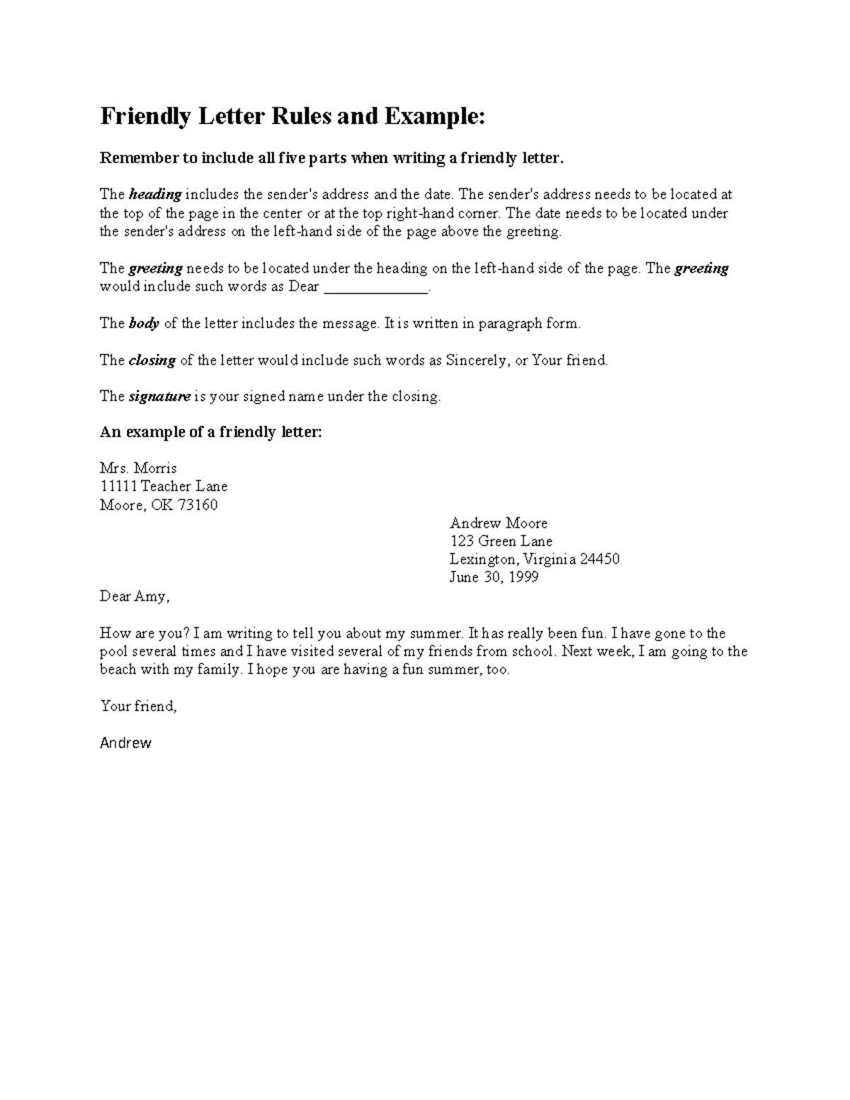 Friendly Letter Format Guide 09: Structure & Example - Studocu