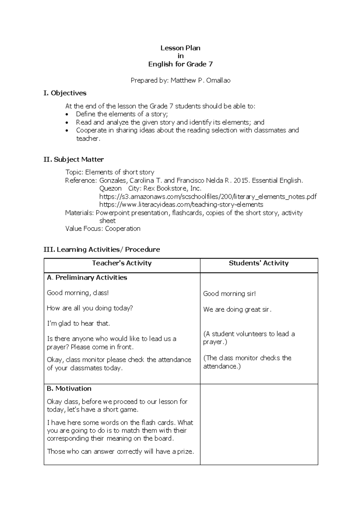 Grade 7 English Lesson Plan: Elements of a Short Story - Studocu