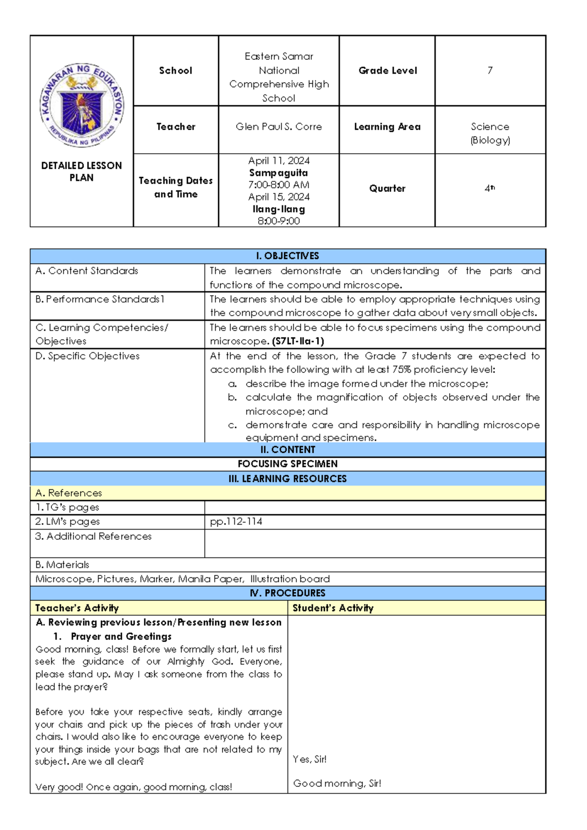 Detailed Lesson Plan on Focusing Specimens (Grade 7 Science) - Studocu