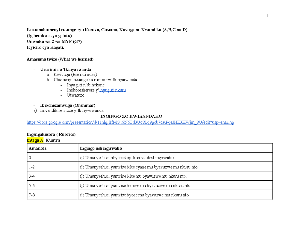 T3: Ingengakosora Rubric A, B, C, D - G7 General Language Skills - Studocu