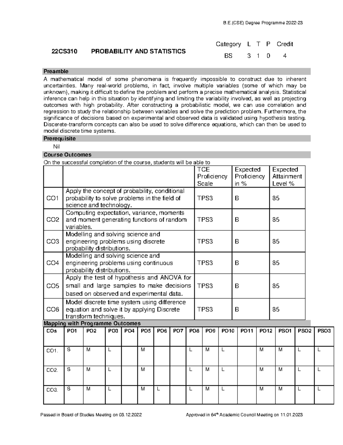 B.E.(CSE) 22CS310 Probability and Statistics Syllabus Overview - Studocu