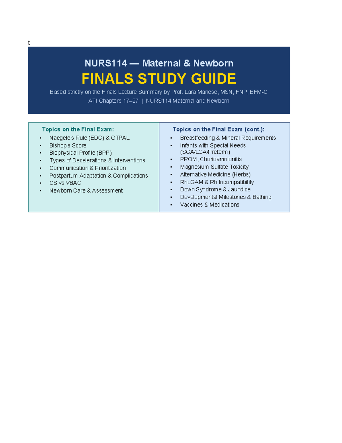 NURS114 Maternal Newborn Final Exam Study Guide by Prof. Lara Manese ...