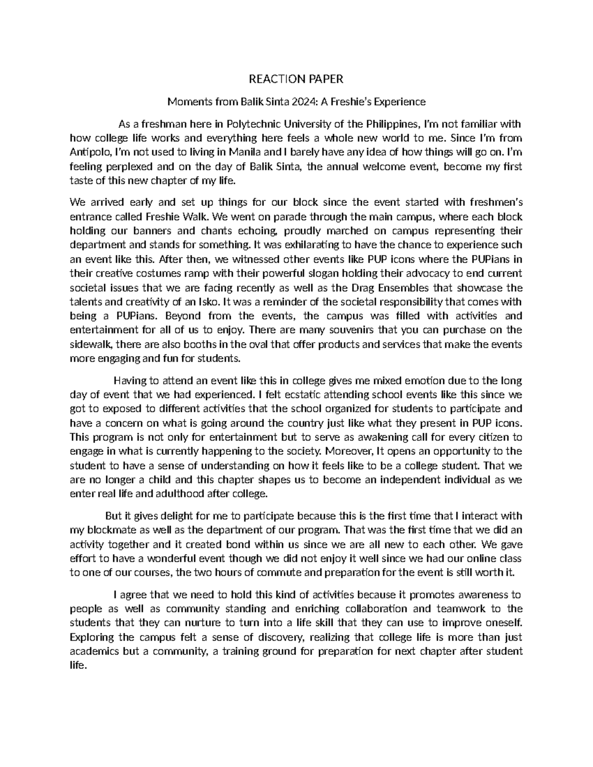 Reaction Paper on Balik Sinta 2024 - UTS Freshman Experience - Studocu