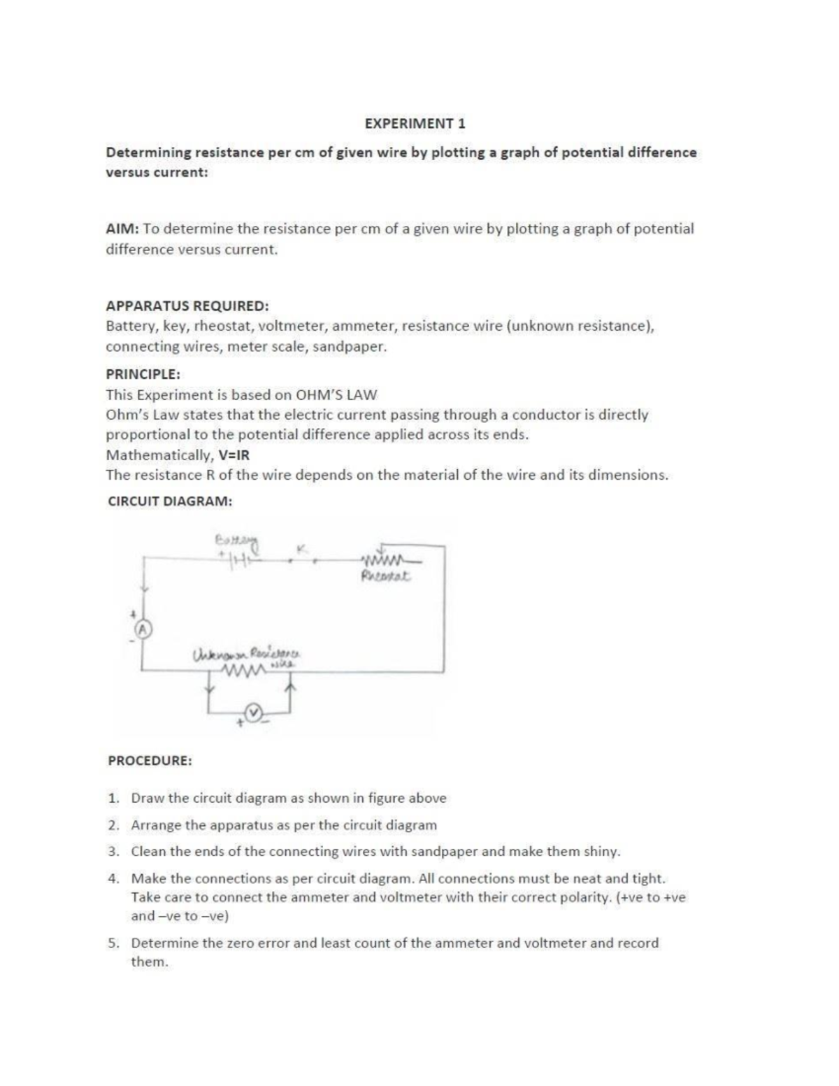 Physics Lab Experiment 1: Resistance Measurement of a Wire - Studocu