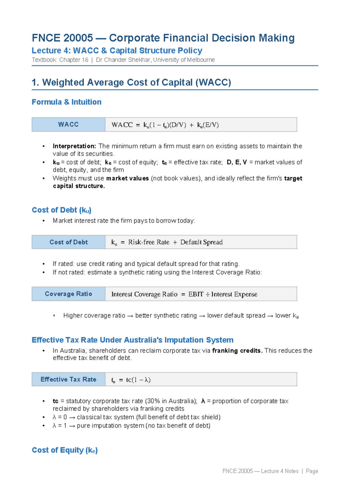 FNCE Corporate Financial Decision Making Lecture 4: WACC Notes - Studocu