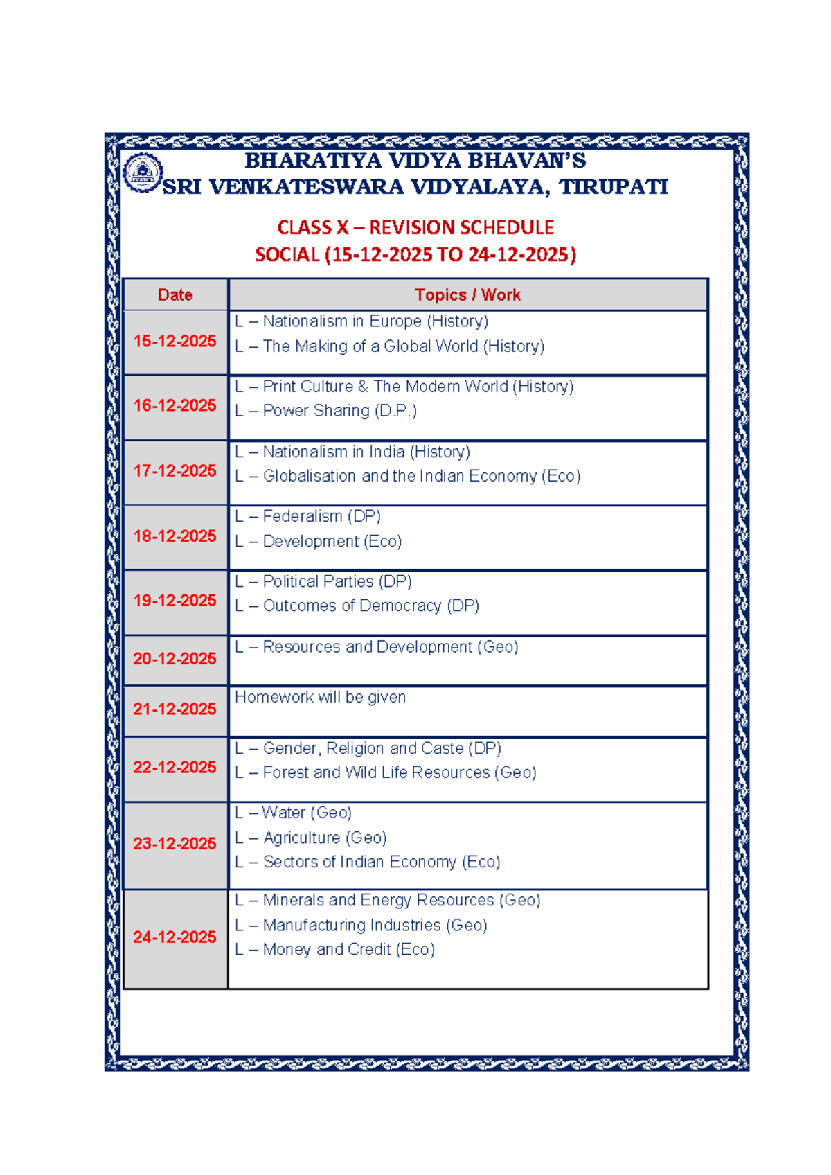 Class X Revision Schedule for Social Studies - Studocu