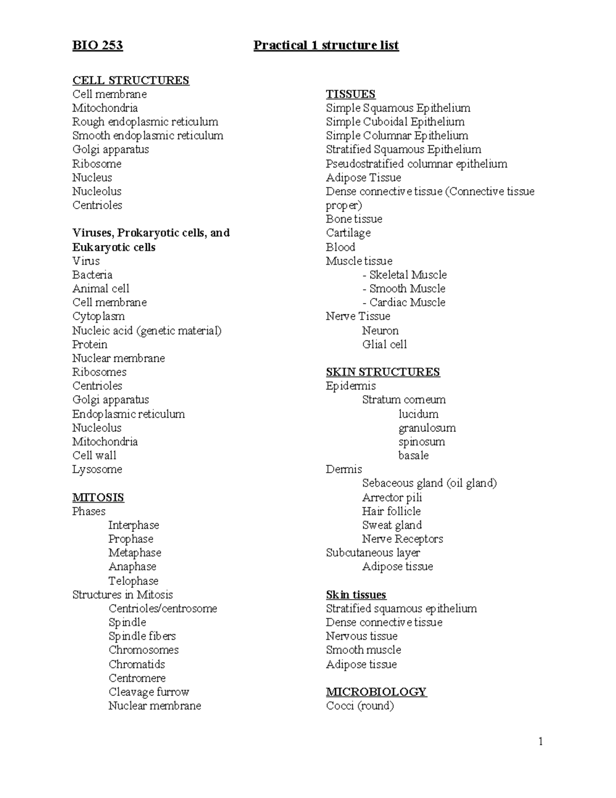BIO 253 Practical 1: Comprehensive Structure List - Studocu