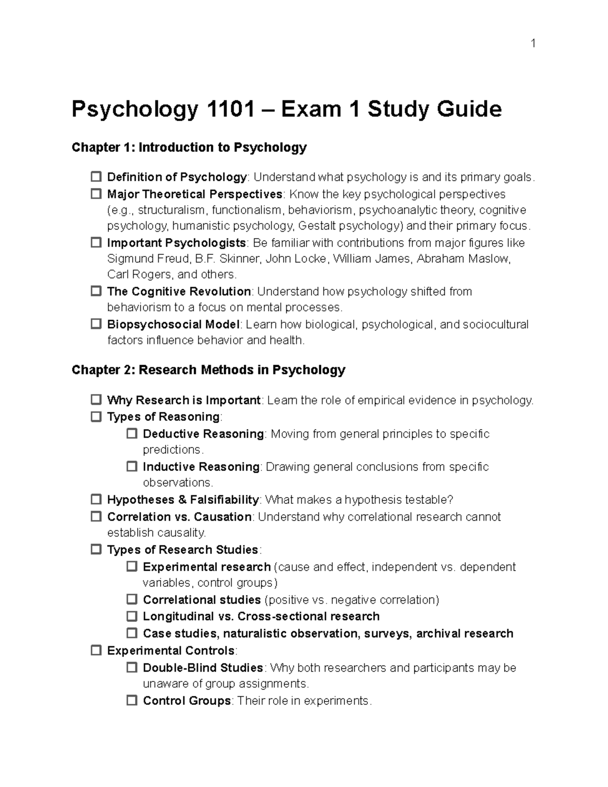 Psychology 1101 – Exam 1 Study Guide: Key Concepts & Theories - Studocu