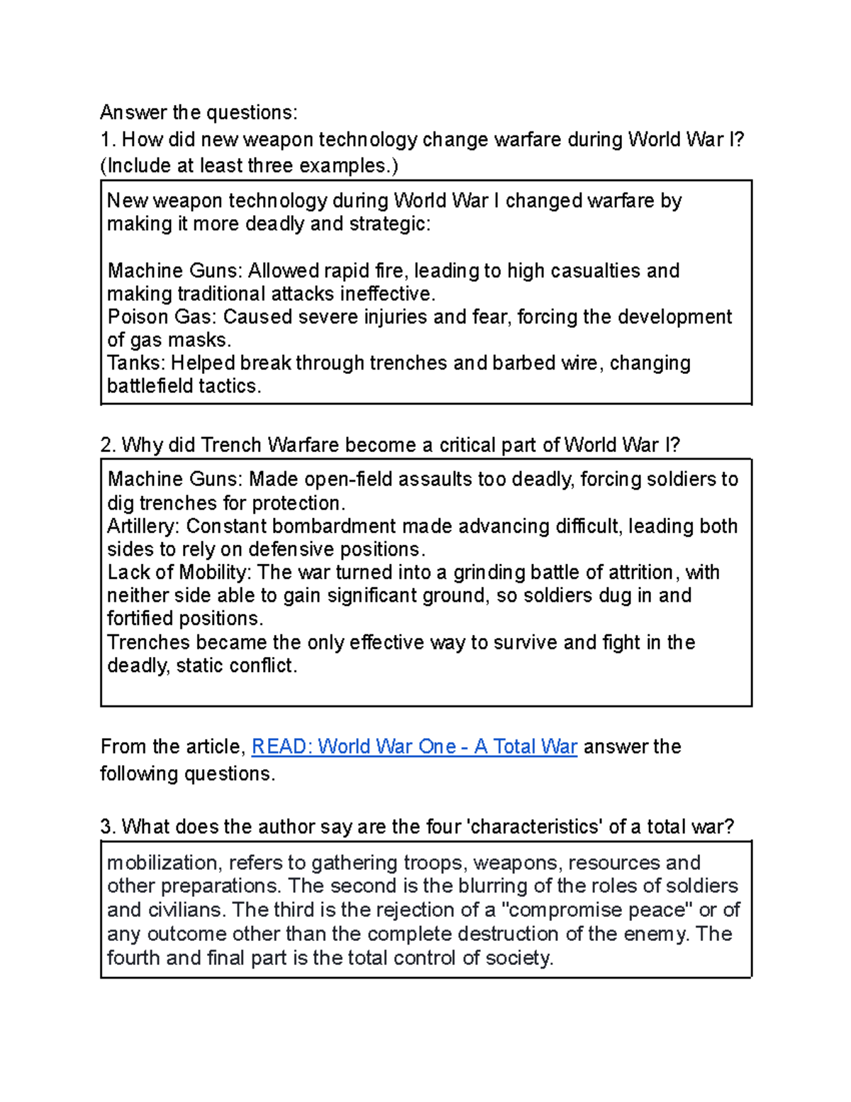 Copy of Unit 3 WWI Warfront Conditions dropbox - Answer the questions ...