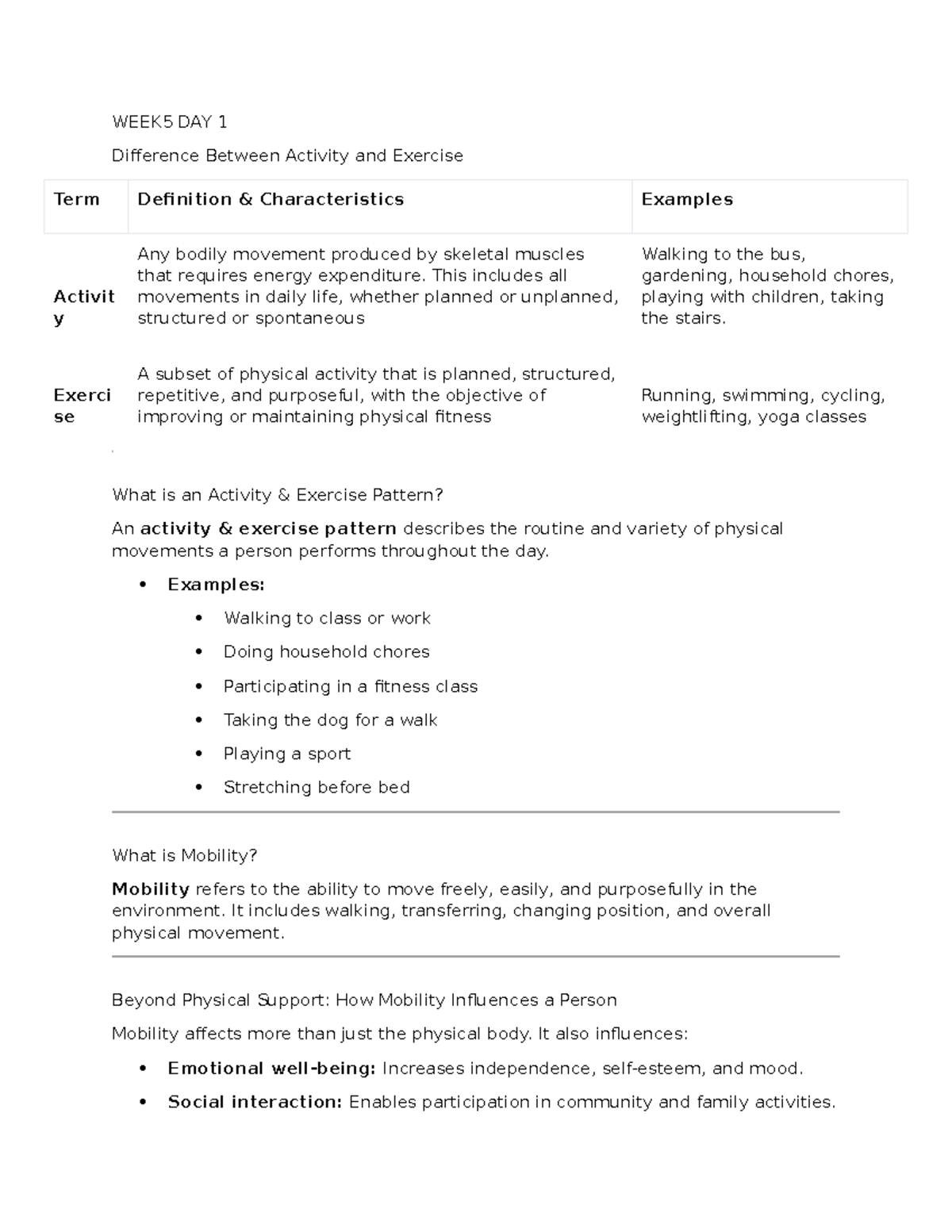 WEEK 5 DAY 1 - Understanding Activity vs. Exercise: Definitions & Impacts - Studocu