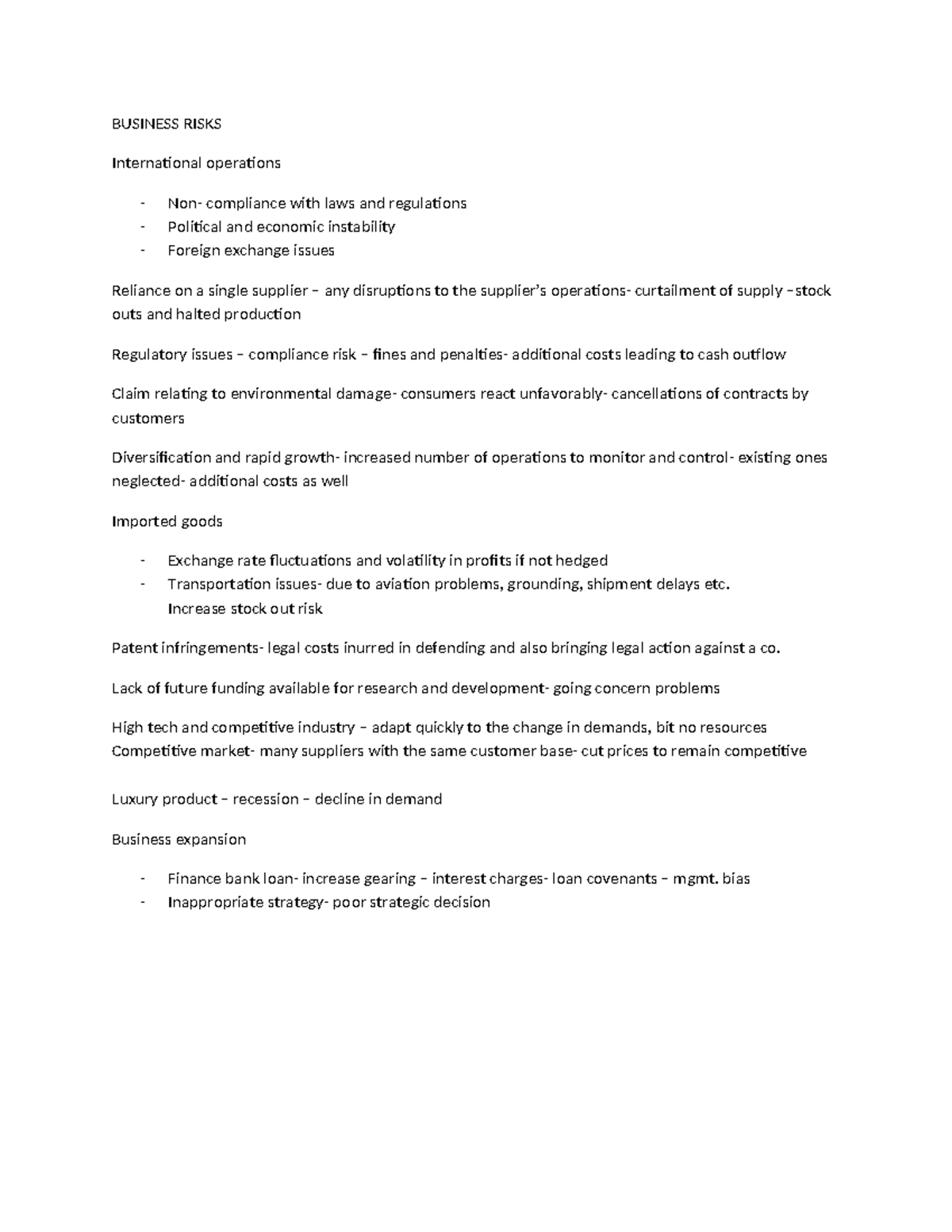 Business Risks - ACCA AAA Analysis of International Operations - Studocu