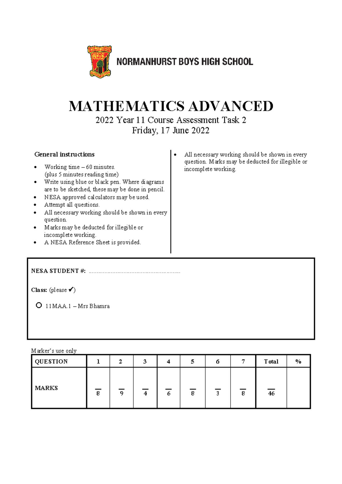 MATHEMATICS ADVANCED 11MAA.1 ASSESSMENT TASK 2 QUESTION PAPER 2022 ...