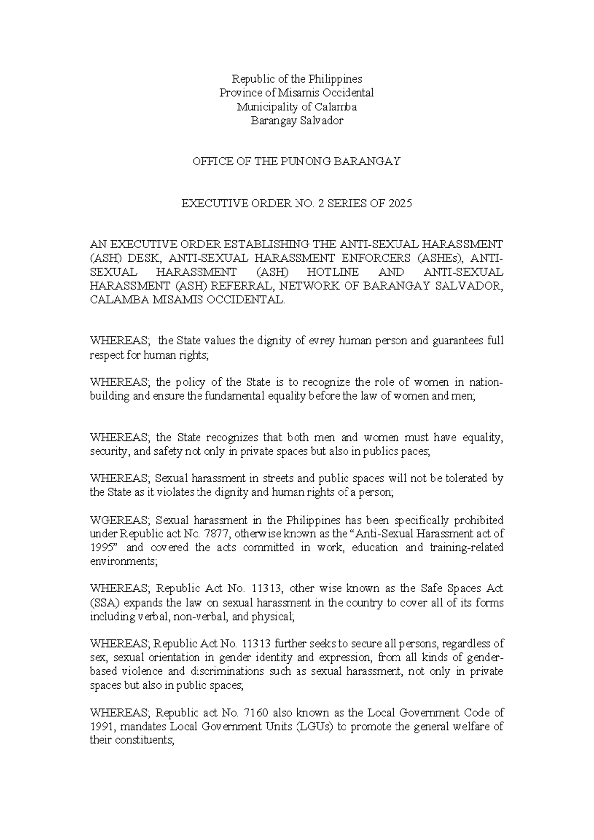Executive Order No. 2: Establishment of ASH Desk & Hotline in Barangay ...