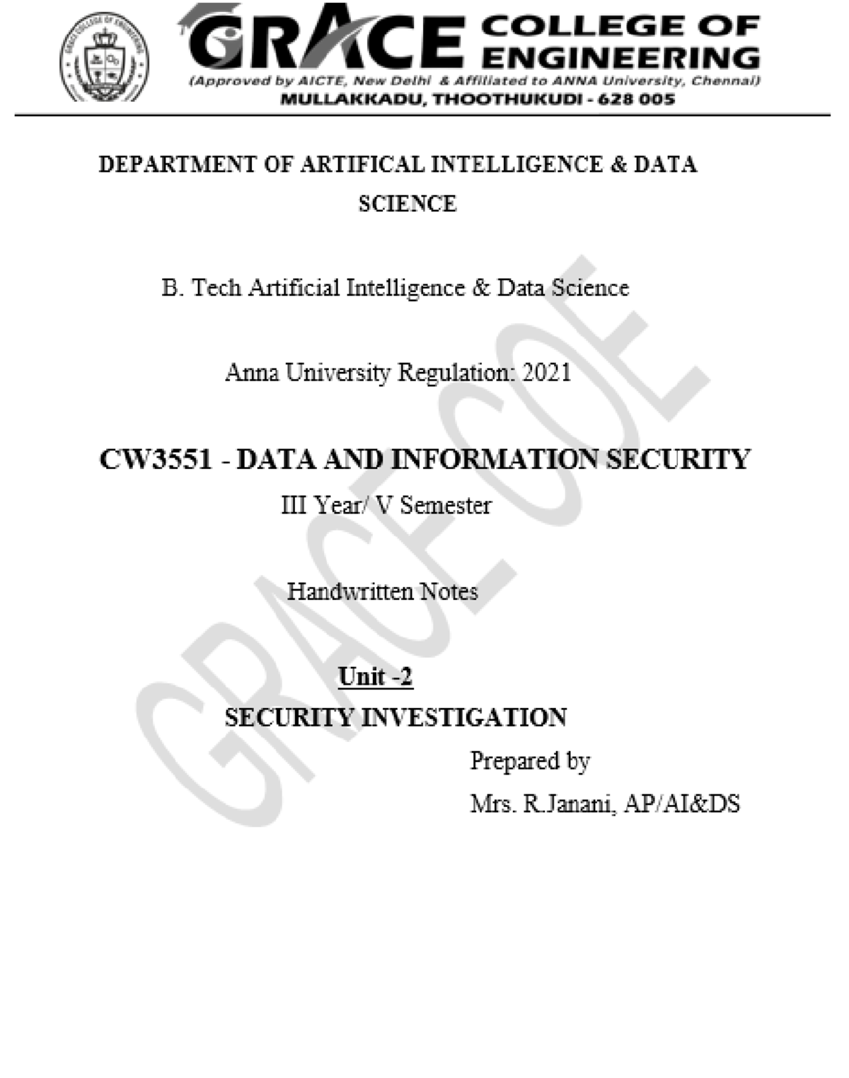 CW3551 AI & DS Unit 2 Study Notes - Grace College - Studocu