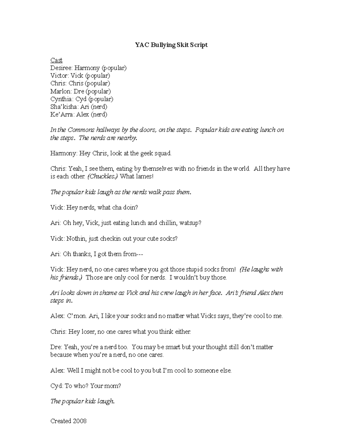 YAC Bullying Skit Script - YAC Bullying Skit Script Cast Desiree ...