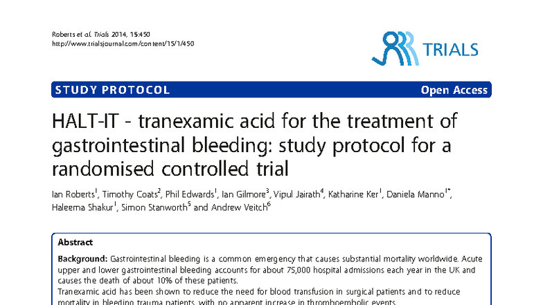TXA for GI Bleeding: RCT Study Protocol (Trials 2014, 15:450) - Studocu