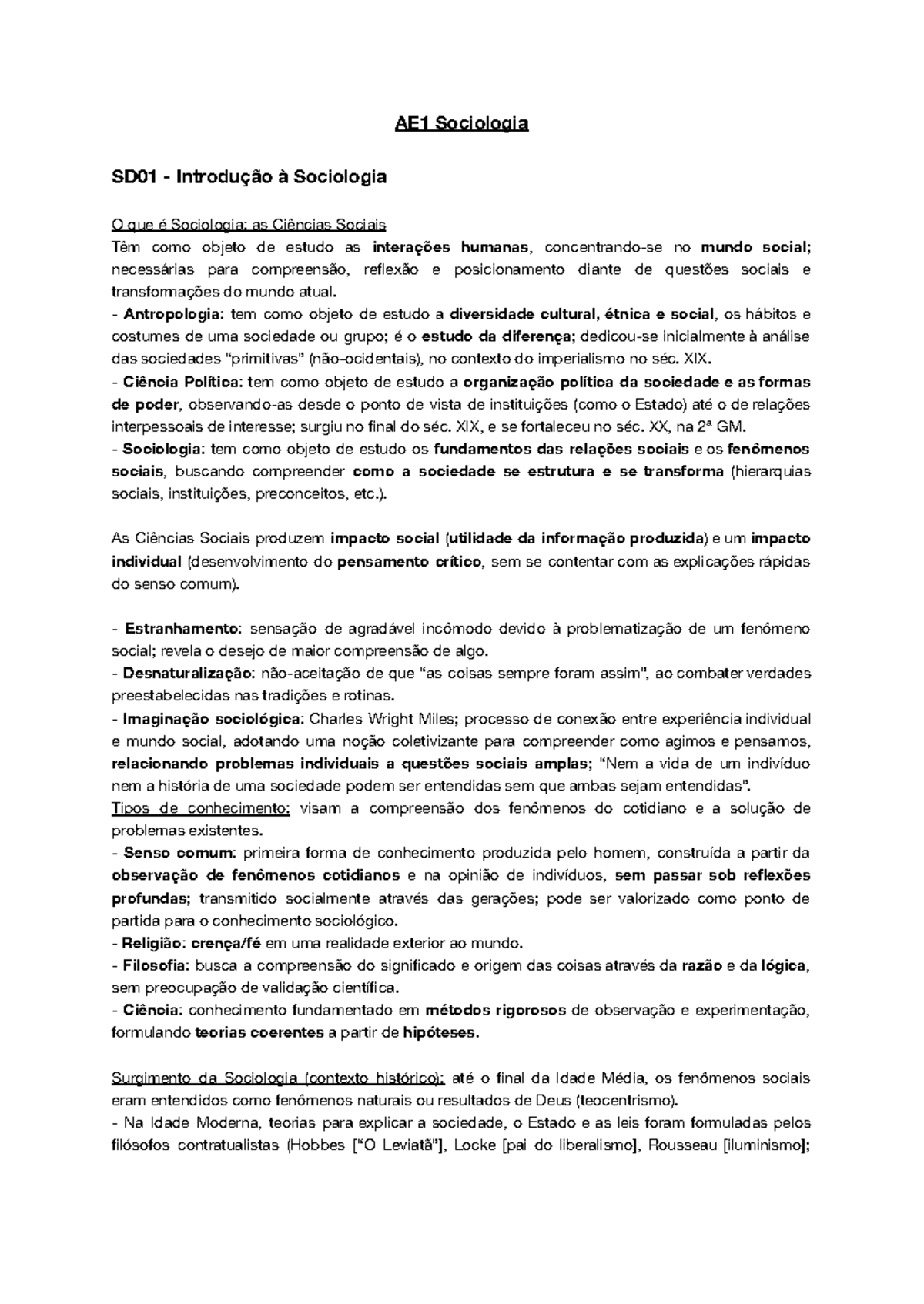 AE1 Sociologia SD01 Introdução à Sociologia e Positivismo de Comte ...