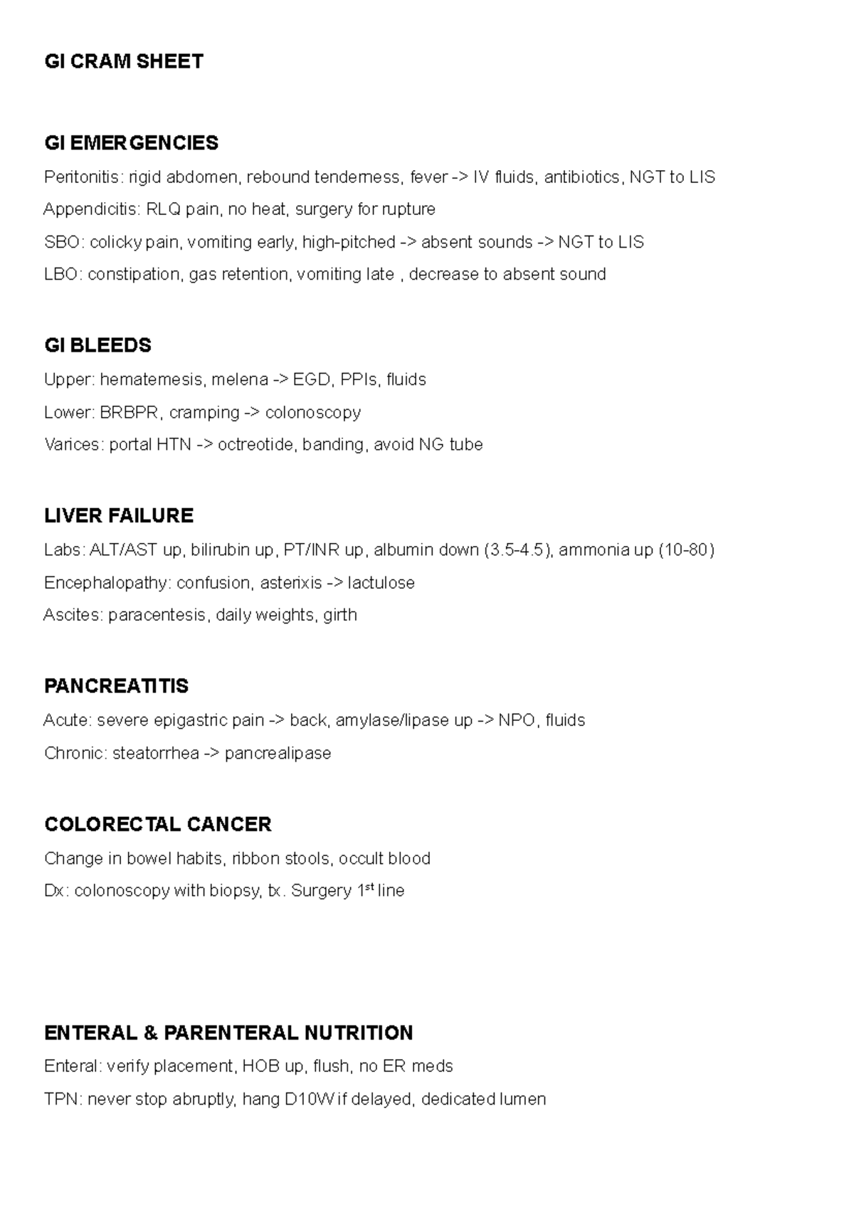 GI CRAM SHEET: Key Points on GI Emergencies and Management - Studocu