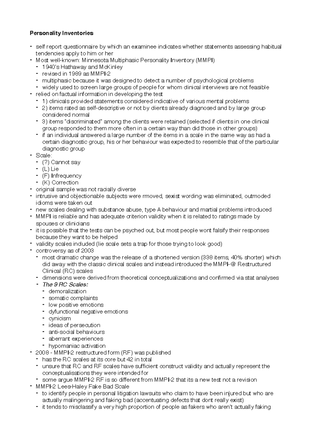 Abnormal psych notes-7 - Personality Inventories - self report ...