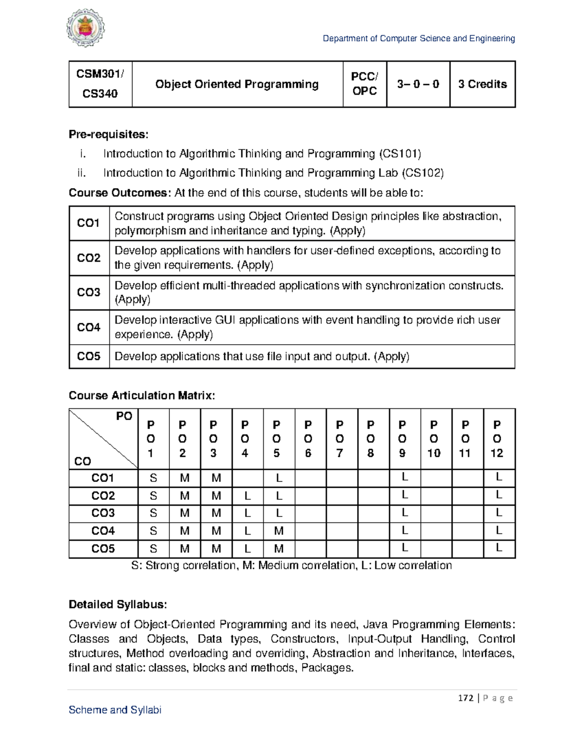 CSE CS340 Object Oriented Programming Course Overview and Outcomes ...