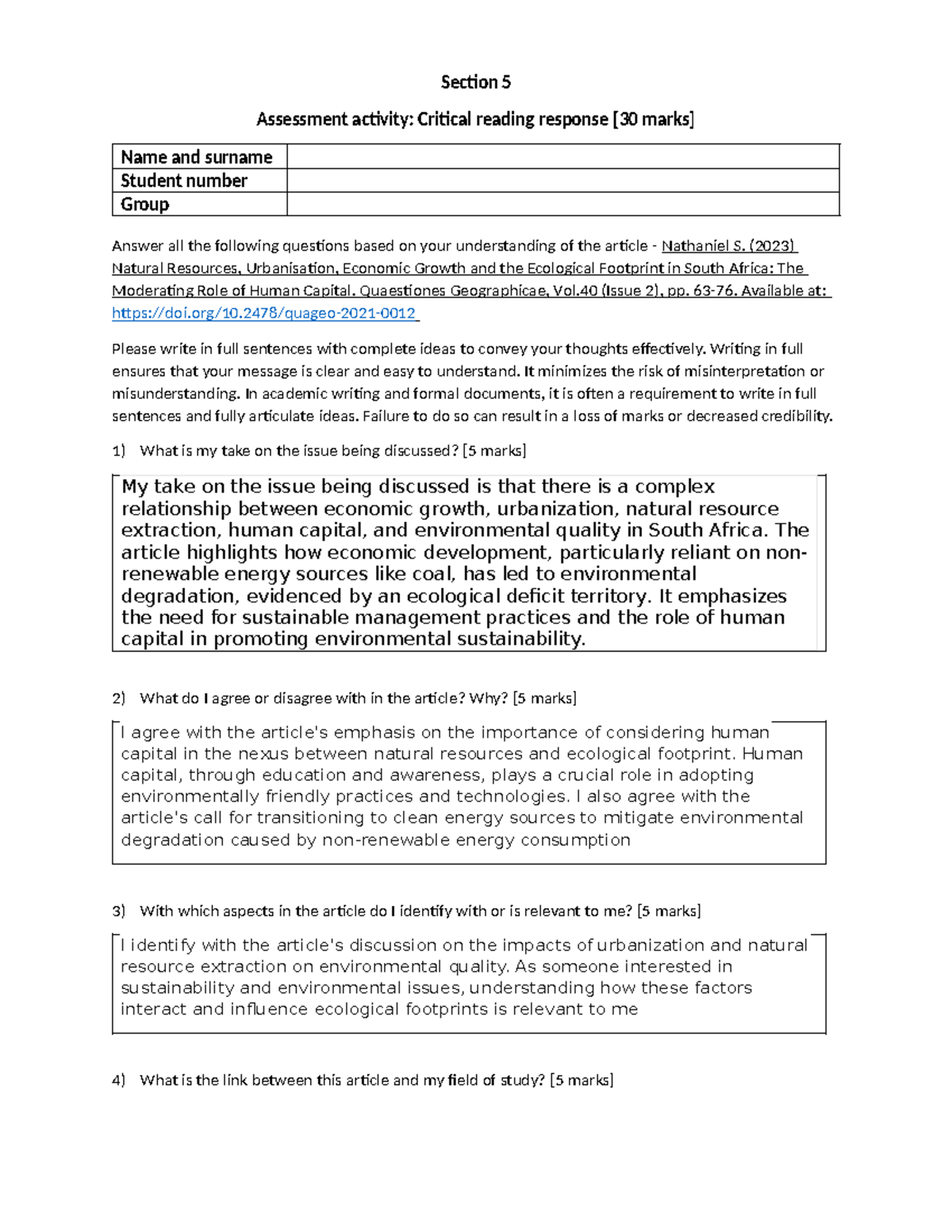 Critical Reading Response Assessment for Section 5 (30 Marks) - Studocu
